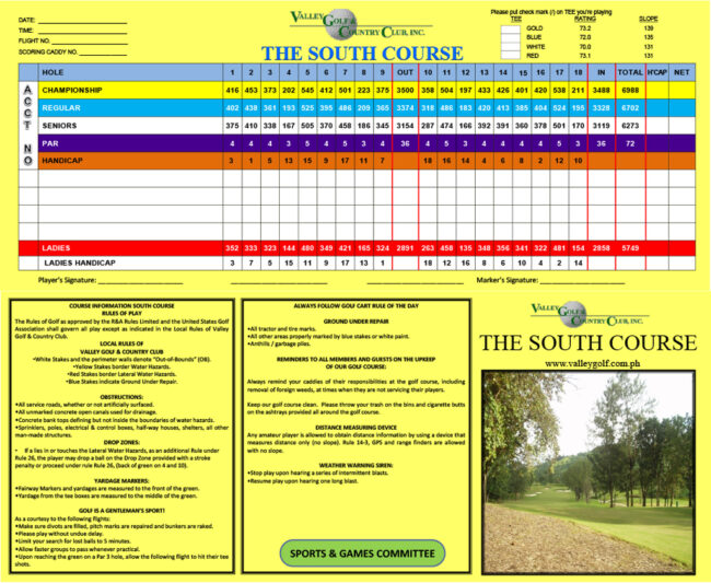 Scorecards – Valley Golf and Country Club, Inc